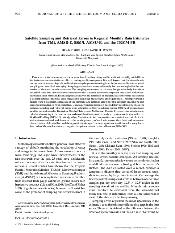 Pdf Satellite Sampling And Retrieval Errors In Regional Monthly Rain Estimates From Tmi Amsr