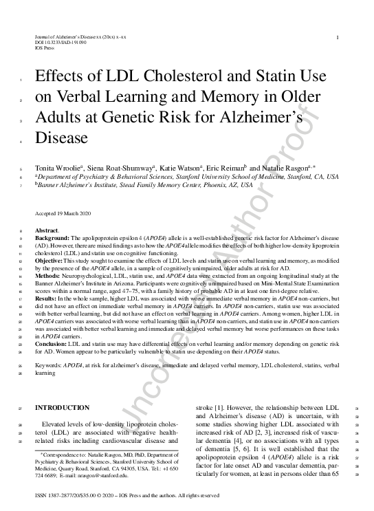 (PDF) Effects of LDL Cholesterol and Statin Use on Verbal Learning and Memory in Older Adults at ...