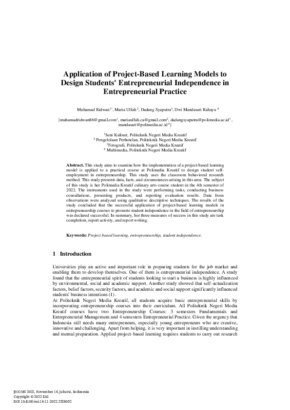 (PDF) Application of Project-Based Learning Models to Design Students' Entrepreneurial ...