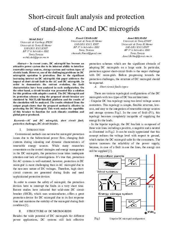(PDF) Short-circuit fault analysis and protection of stand-alone AC and DC microgrids