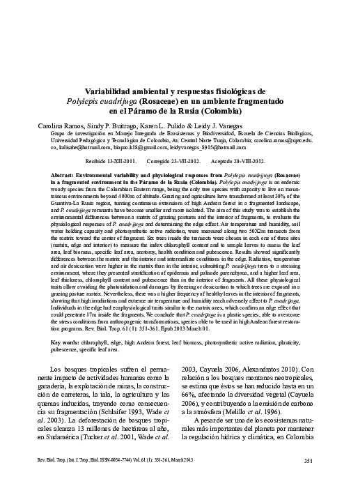 (PDF) Variabilidad ambiental y respuestas fisiológicas de Polylepis cuadrijuga (Rosaceae) en un ...