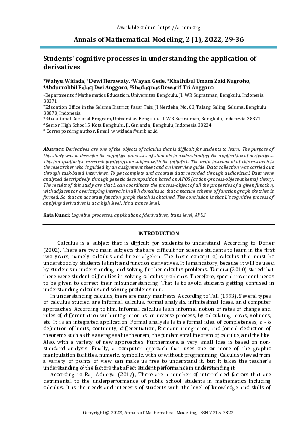 (PDF) Students' cognitive processes in understanding the application of derivatives