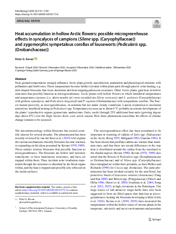 (PDF) Heat accumulation in hollow Arctic flowers: possible ...