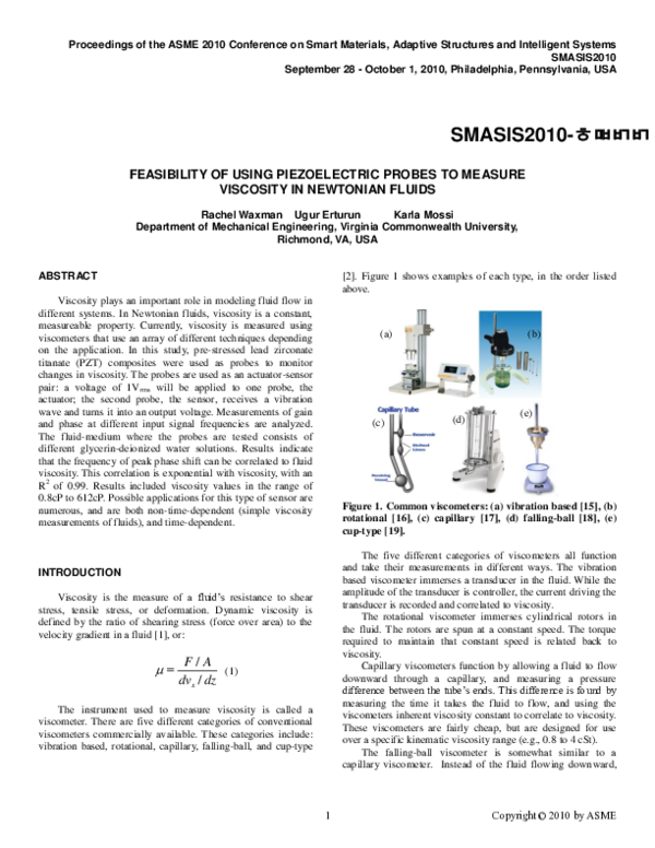 (PDF) Feasibility of Using Piezoelectric Probes to Measure Viscosity in Newtonian Fluids