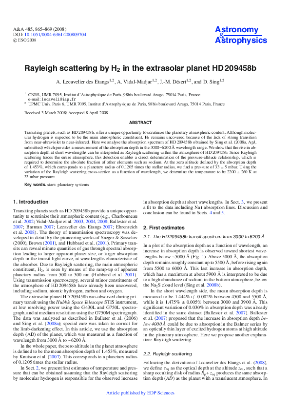 (PDF) Rayleigh scattering by H2 in the extrasolar planet HD 209458b