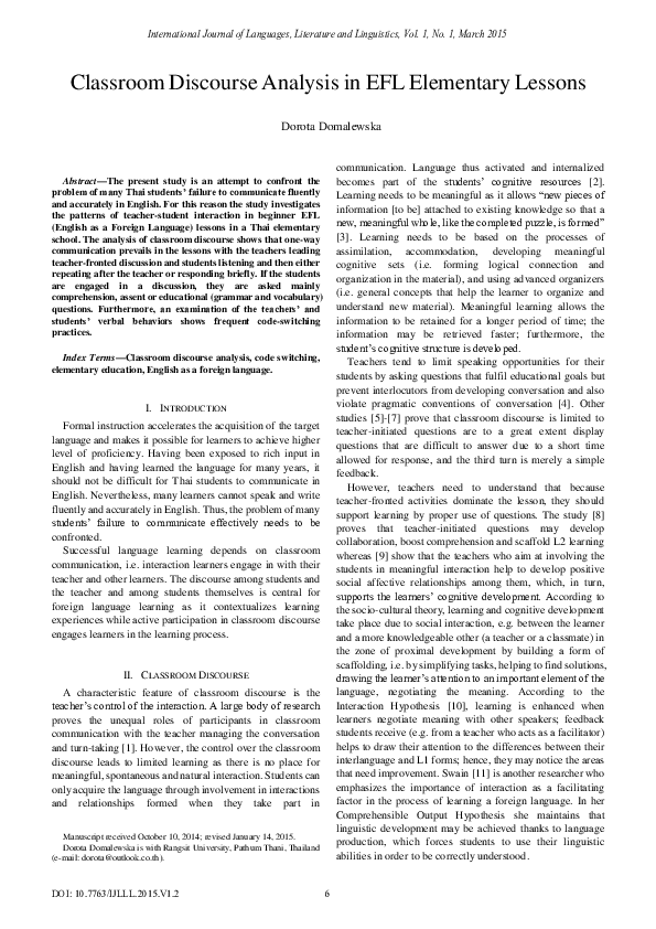 (PDF) Classroom Discourse Analysis in EFL Elementary Lessons