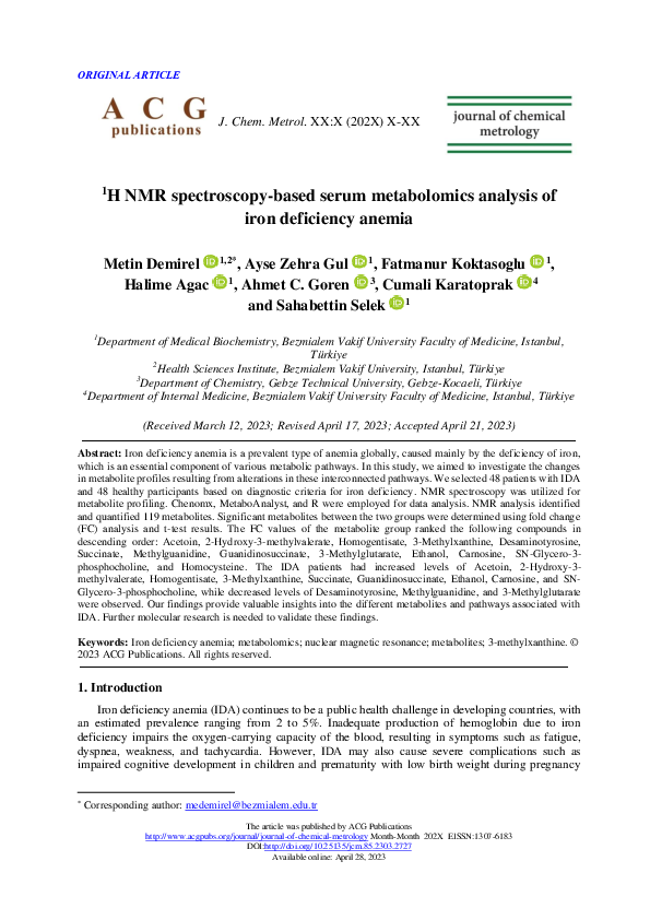 (PDF) 1H NMR spectroscopy-based serum metabolomics analysis of iron deficiency anemia