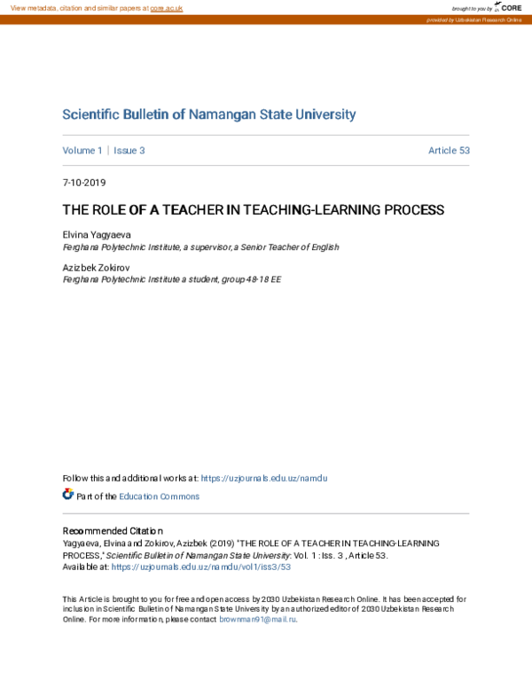 (PDF) The Role of a Teacher in Teaching-Learning Process