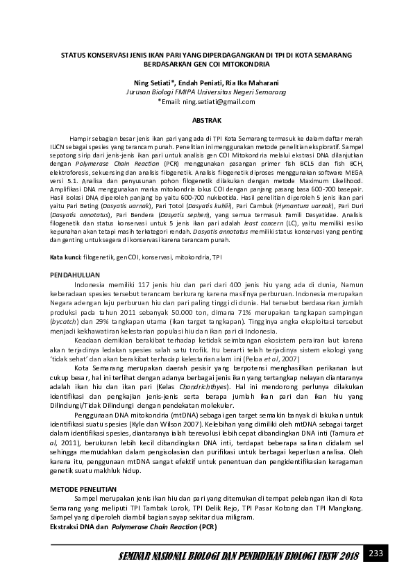 (PDF) Status Konservasi Jenis Ikan Pari yang Diperdagangkan di TPI di ...