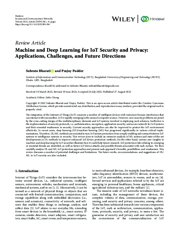 (PDF) Machine and Deep Learning for IoT Security and Privacy: Applications, Challenges, and ...