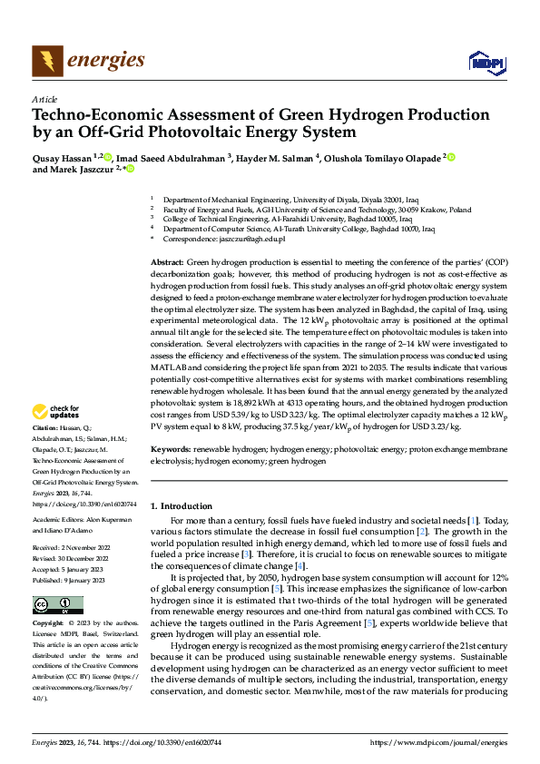 (PDF) Techno-Economic Assessment of Green Hydrogen Production by an Off-Grid Photovoltaic Energy ...