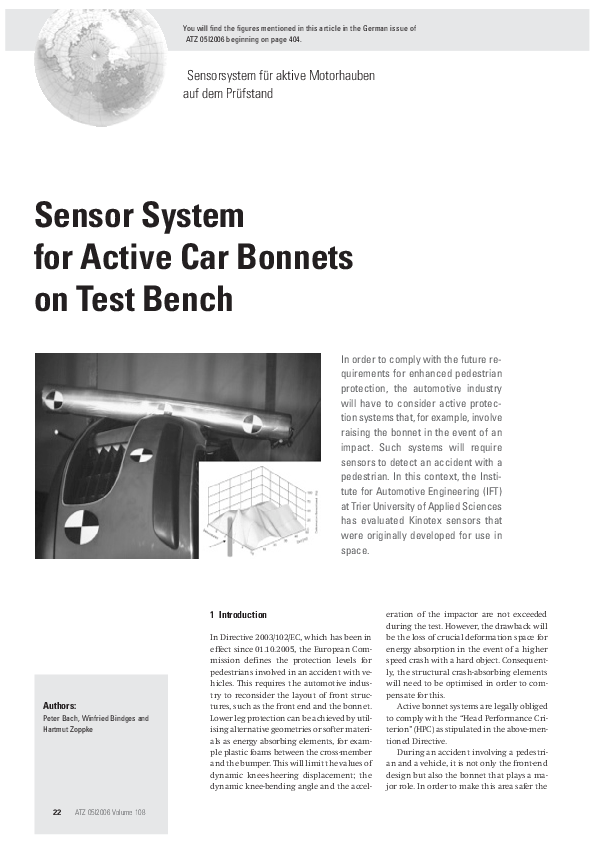 (PDF) Sensor system for active car bonnets on test bench