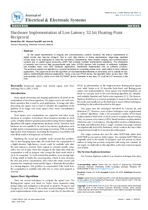(PDF) Hardware Implementation of Low-Latency 32-bit Floating-Point Reciprocal | Daniel Kho ...