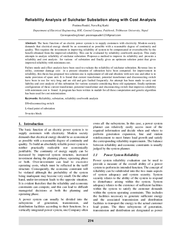 (PDF) Reliability Analysis of Suichatar Substation along with Cost Analysis