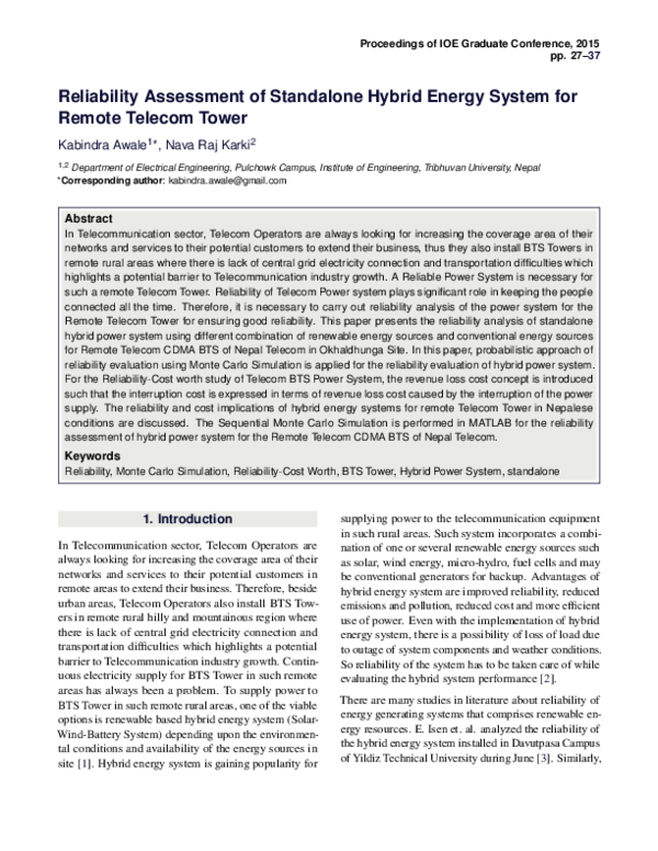 Pdf Reliability Assessment Of Standalone Hybrid Energy System For Remote Telecom Tower Nava