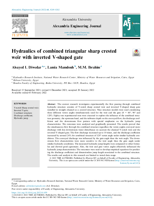 (PDF) Hydraulics of combined triangular sharp crested weir with inverted V-shaped gate