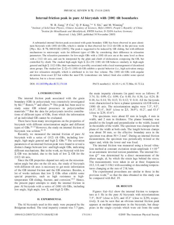 (PDF) Internal friction peak in pure Al bicrystals with 100 tilt boundaries