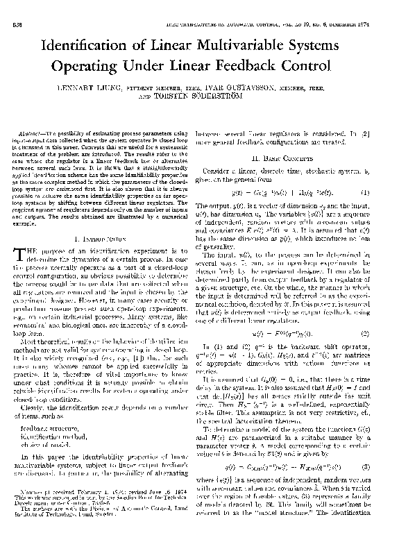 Pdf Identification Of Linear Multivariable Systems Operating Under Linear Feedback Control