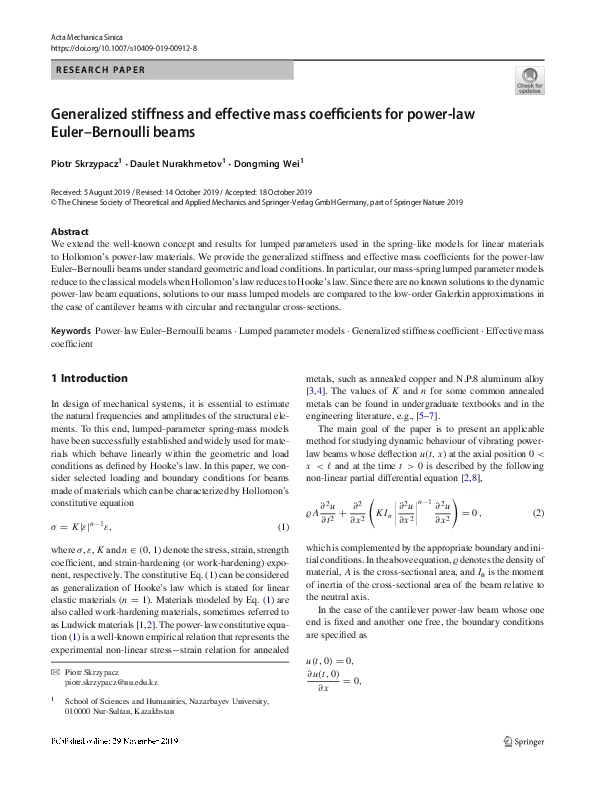 (PDF) Generalized stiffness and effective mass coefficients for power-law Euler–Bernoulli beams