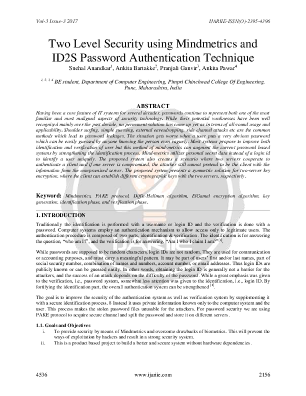 Pdf 2 Level Security Using Mindmetrics And Id2s Password Authentication Technique