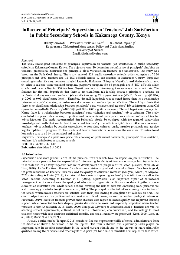(PDF) Influence of Principals' Supervision on Teachers' Job Satisfaction in Public Secondary ...