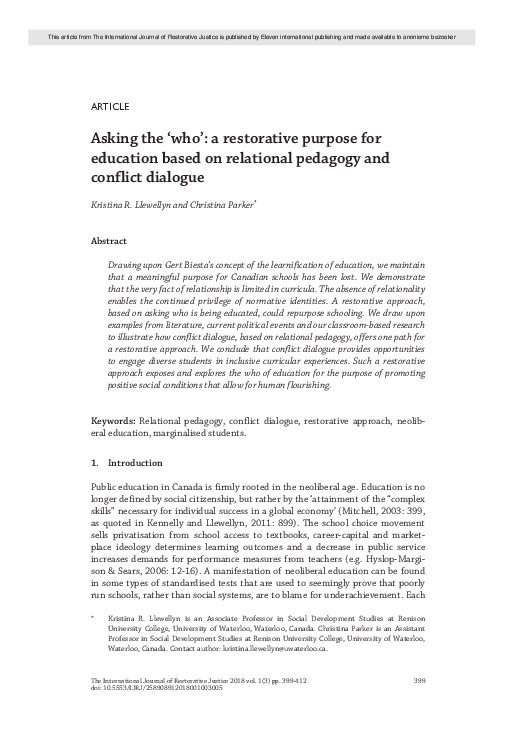 (PDF) Asking the ‘who’: a restorative purpose for education based on relational pedagogy and ...