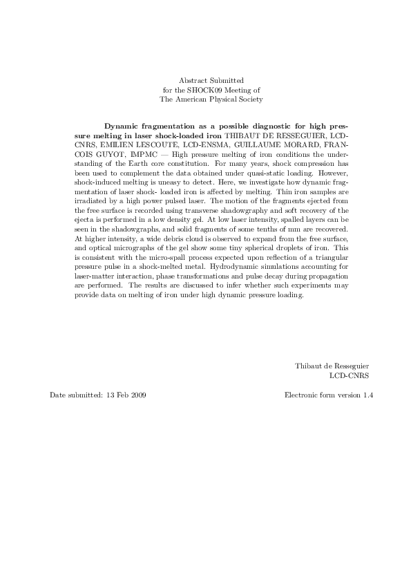 Pdf Dynamic Fragmentation As A Possible Diagnostic For High Pressure Melting In Laser Shock