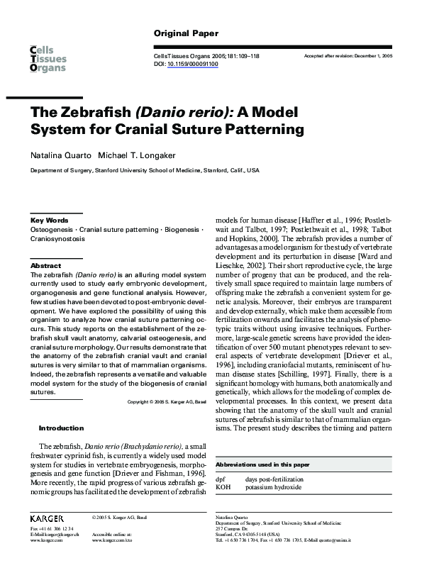 (PDF) The Zebrafish (Danio rerio): A Model System for Cranial Suture ...