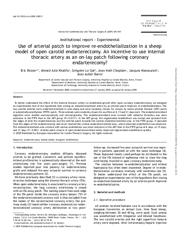 (PDF) Use of arterial patch to improve re-endothelialization in a sheep ...