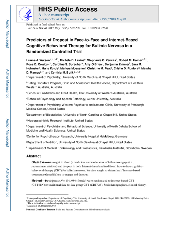 (PDF) Predictors of dropout in face-to-face and internet-based cognitive-behavioral therapy for ...