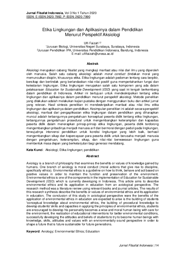 (PDF) Etika Lingkungan Dan Aplikasinya Dalam Pendidikan Menurut Perspektif Aksiologi