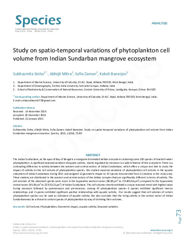 (PDF) Study on spatio-temporal variations of phytoplankton cell volume from Indian Sundarban ...