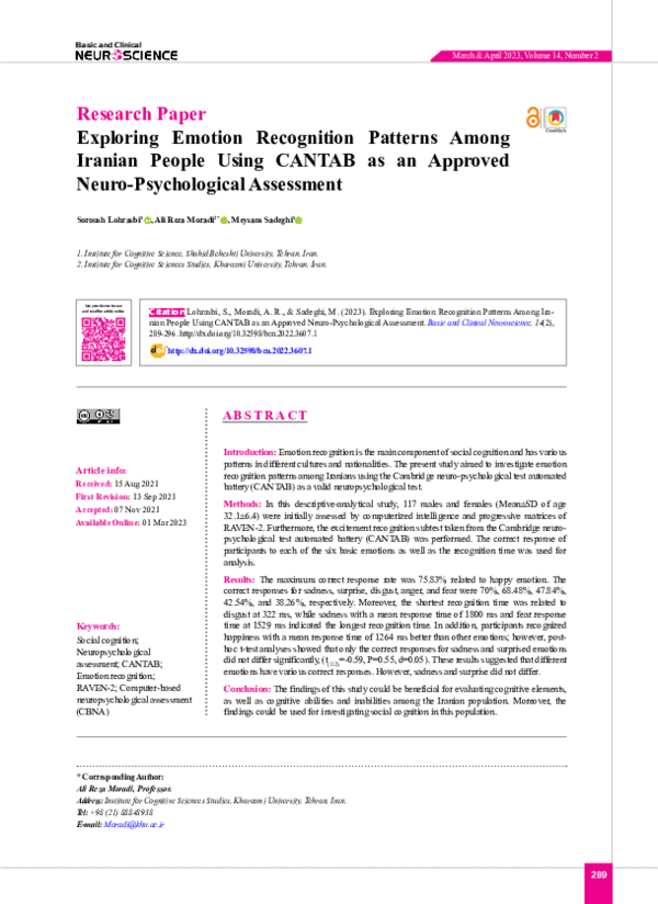 (PDF) Exploring Emotion Recognition Patterns Among Iranian People Using CANTAB as an Approved ...