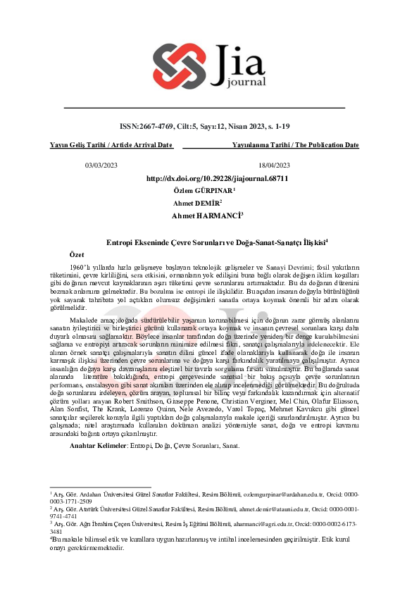 (PDF) Entropi Ekseninde Cevre Sorunları ve Doga Sanat Sanatcı Iliskisi
