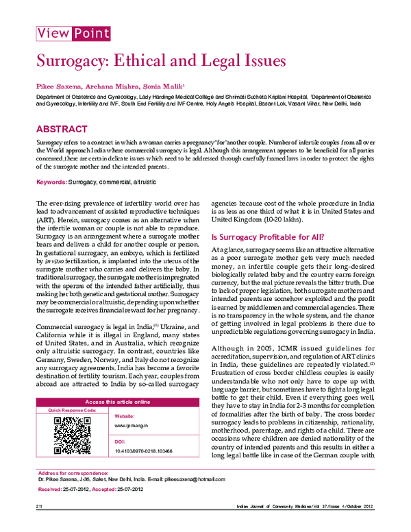 (PDF) Surrogacy: Ethical and Legal Issues