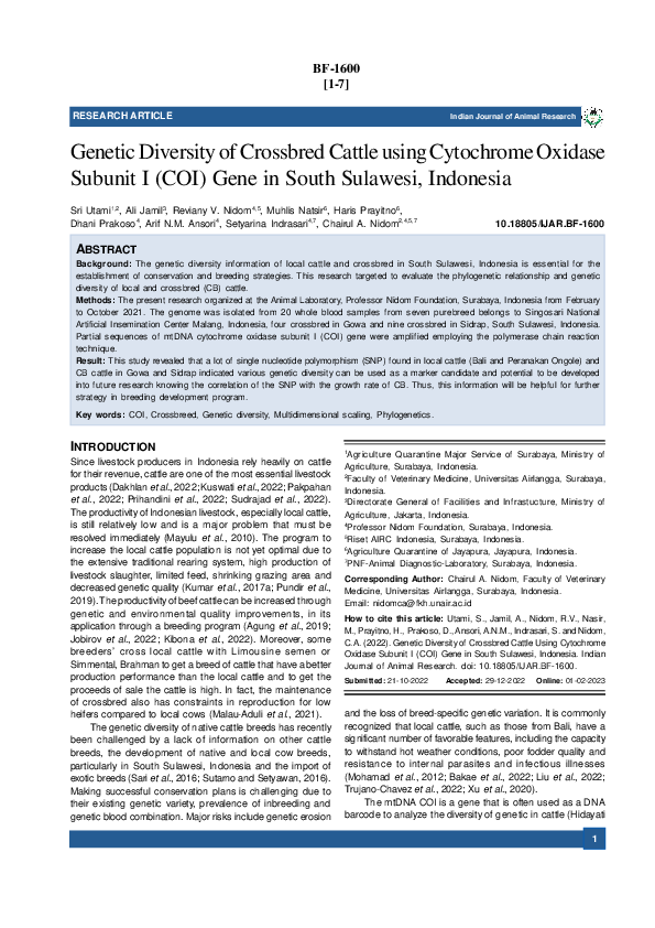 (PDF) Genetic Diversity of Crossbred Cattle using Cytochrome Oxidase ...
