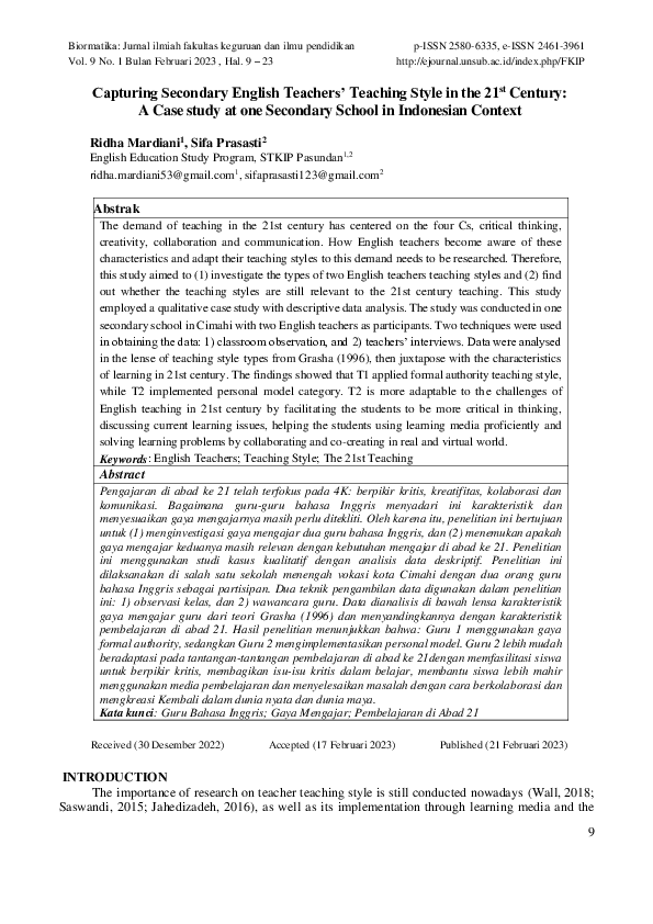 (PDF) Capturing Secondary English Teachers' Teaching Style in the 21st Century: A Case Study at ...