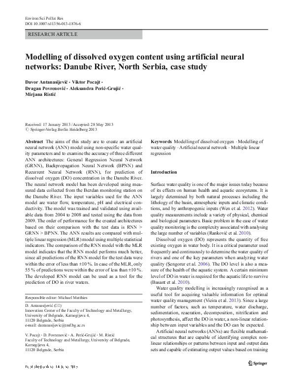 (PDF) Modelling of dissolved oxygen content using artificial neural networks: Danube River ...