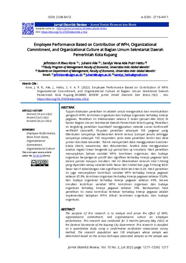 (PDF) Employee Performance Based on Contribution of WFH, Organizational ...