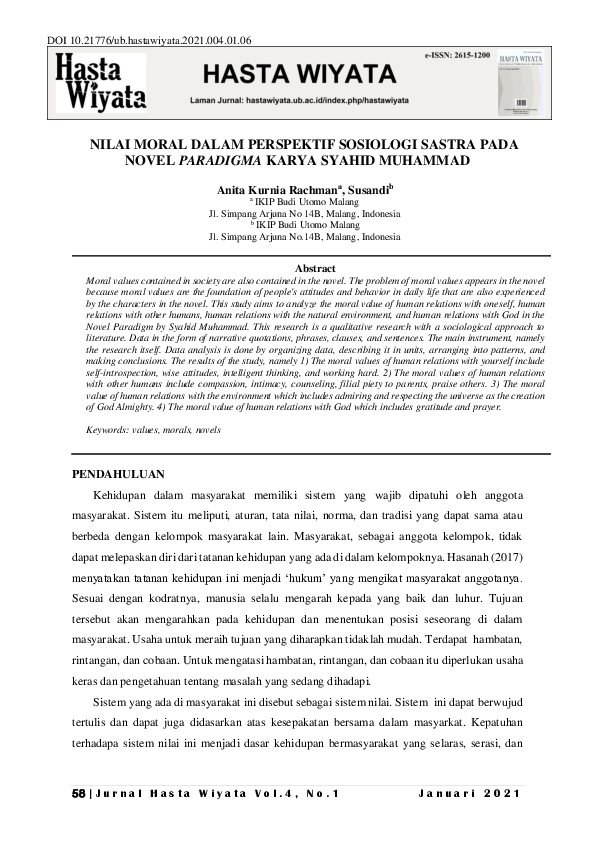 (PDF) Nilai Moral Dalam Perspektif Sosiologi Sastra Pada Novel ...