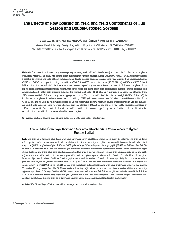 (PDF) The effects of row spacing on yield and yield components of full season and double-cropped ...