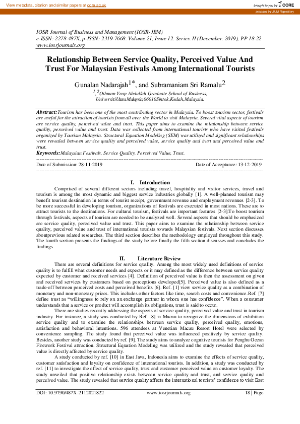 (PDF) Relationship between service quality, perceived value and trust for Malaysian festivals ...