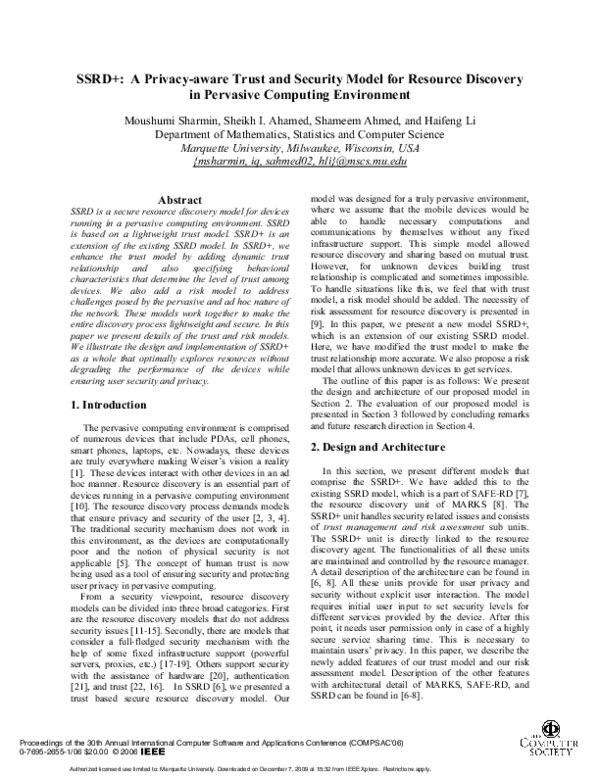 (PDF) SSRD+: A Privacy-aware Trust and Security Model for Resource Discovery in Pervasive ...