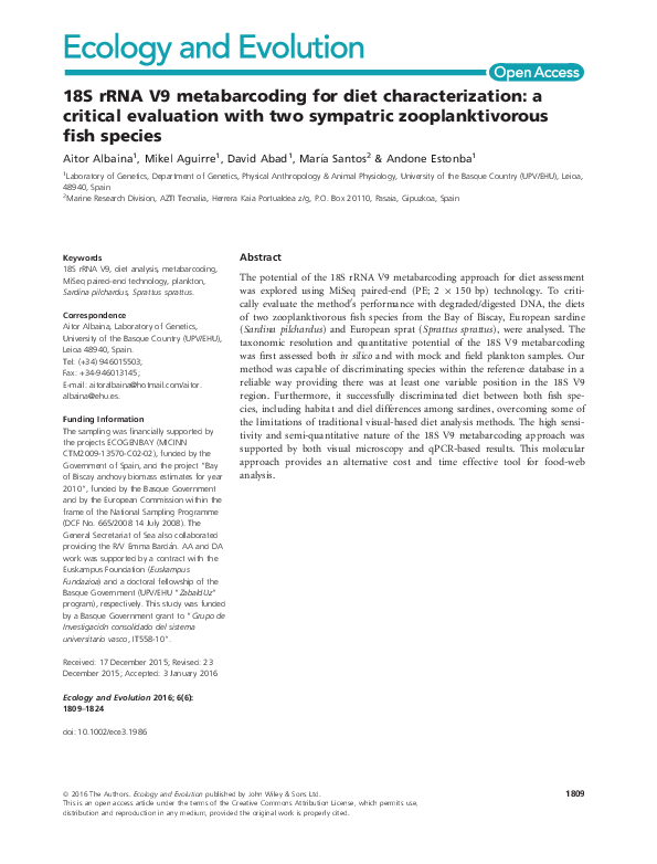(PDF) 18S rRNA V9 metabarcoding for diet characterization: a critical ...
