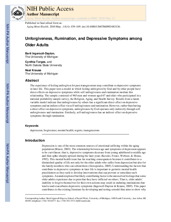 (PDF) Unforgiveness, rumination, and depressive symptoms among older adults