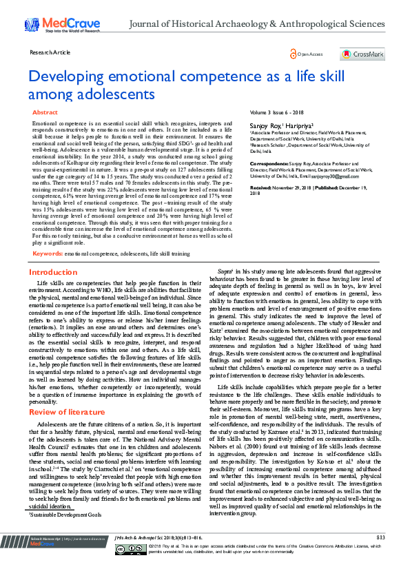 (PDF) Developing emotional competence as a life skill among adolescents