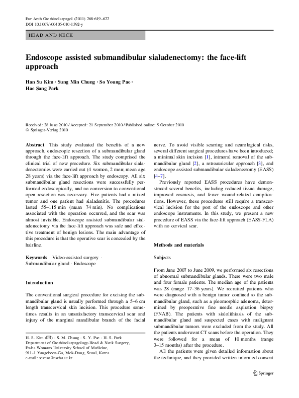 (PDF) Endoscope assisted submandibular sialadenectomy: the face-lift ...