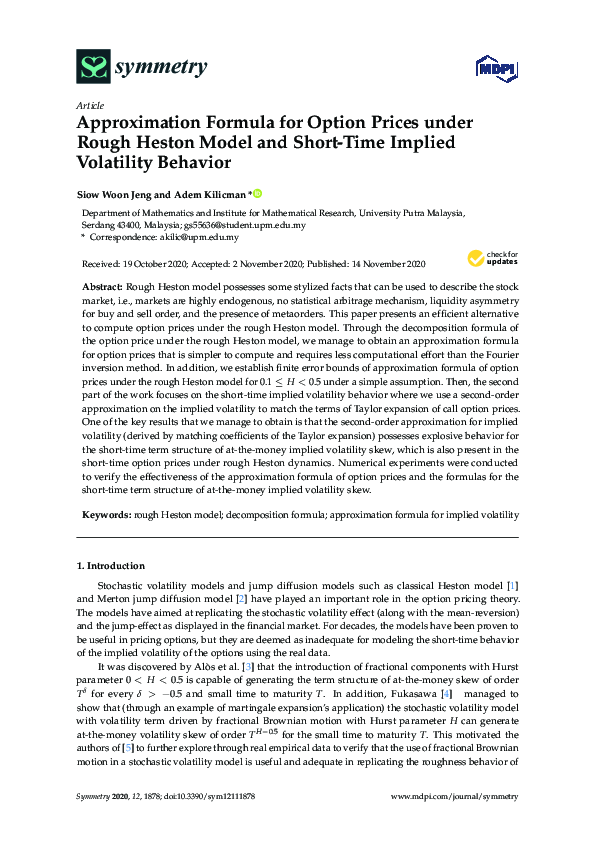 (PDF) Approximation Formula for Option Prices under Rough Heston Model and Short-Time Implied ...