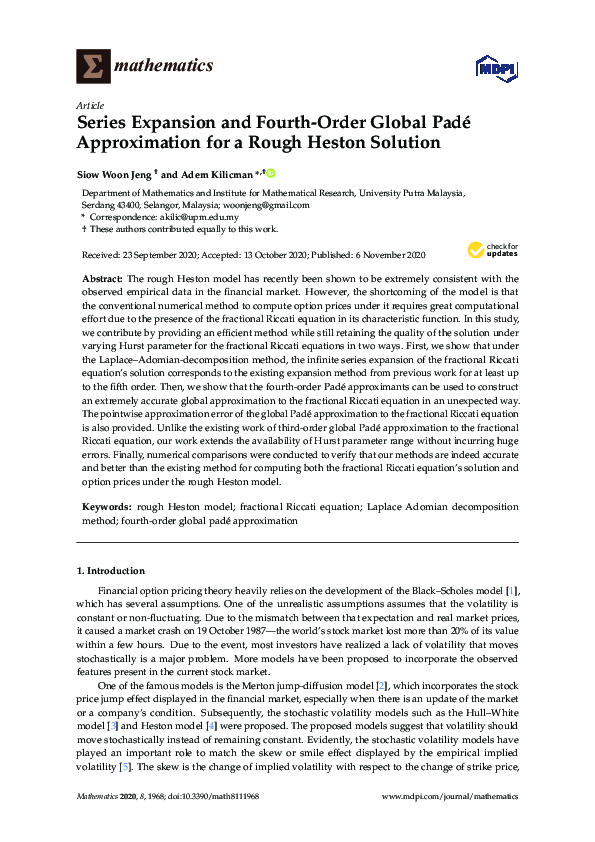 (PDF) Series Expansion and Fourth-Order Global Padé Approximation for a Rough Heston Solution