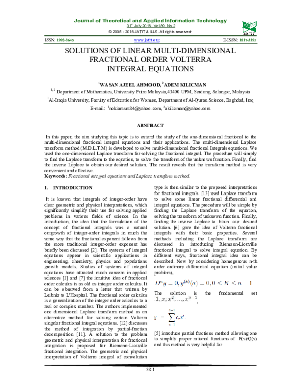 Pdf Solutions Of Linear Multi Dimensional Fractional Order Volterra